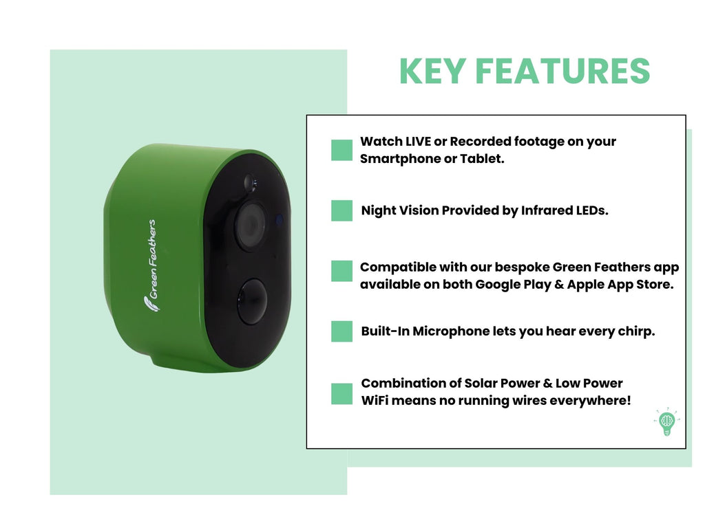 Solar Powered WiFi Bird Box Camera | Green Feathers