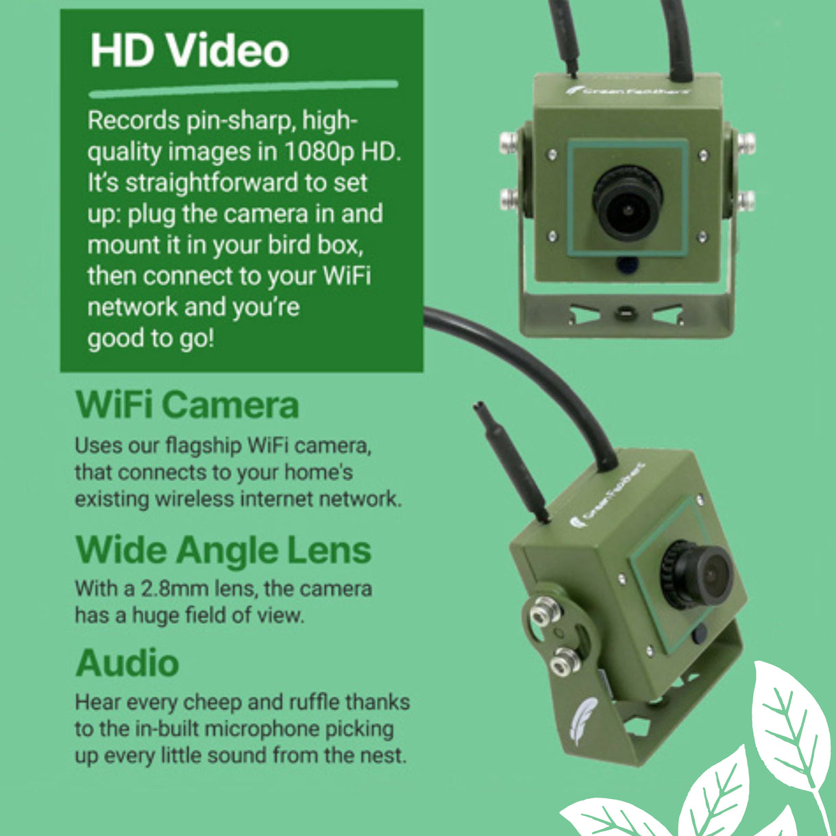 WiFi Bird Box Camera - WiFi Nest Box Camera | Green Feathers